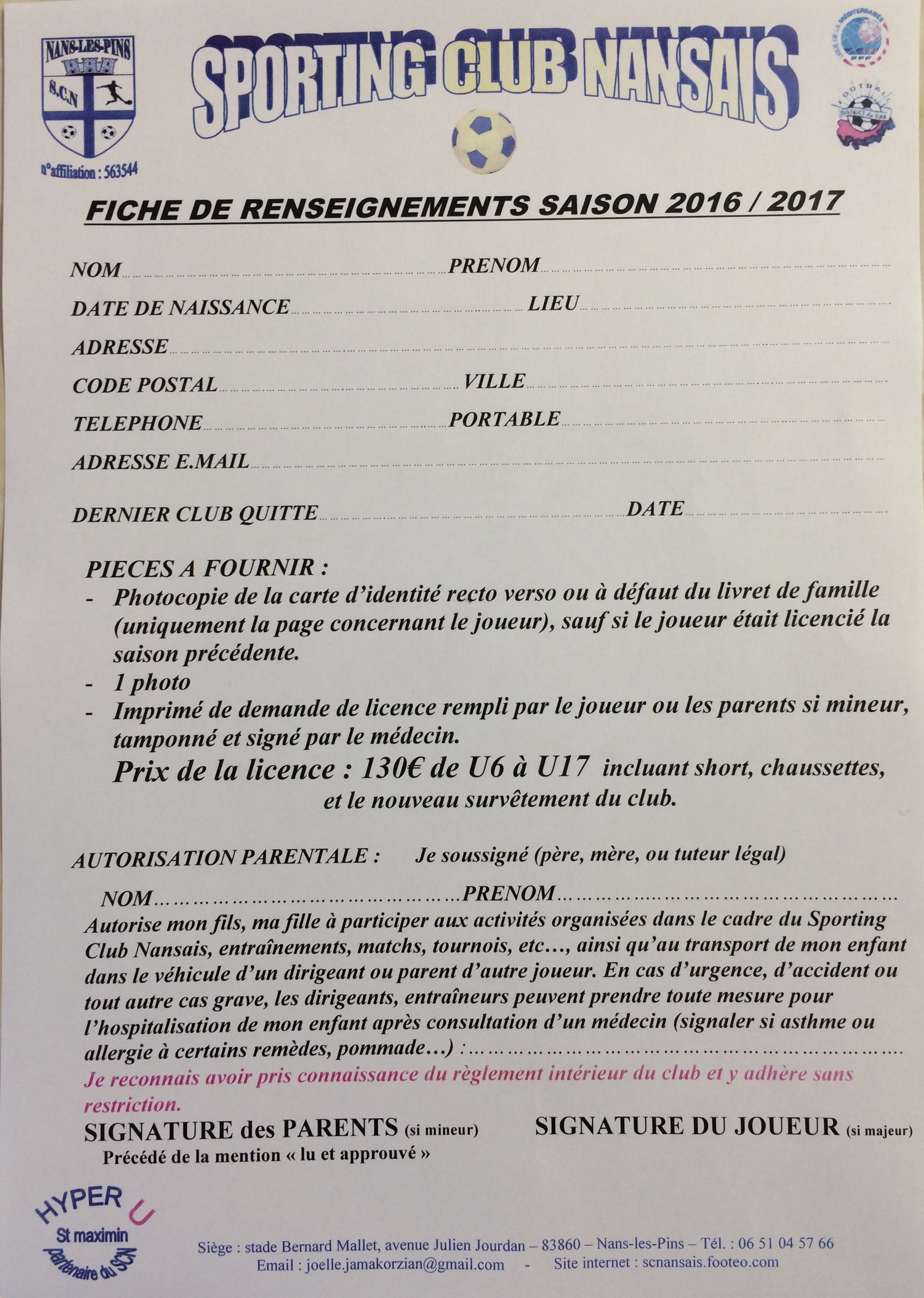 fiche-de-renseignements-saison-2016-2017 - SC Nansais - Club de ...